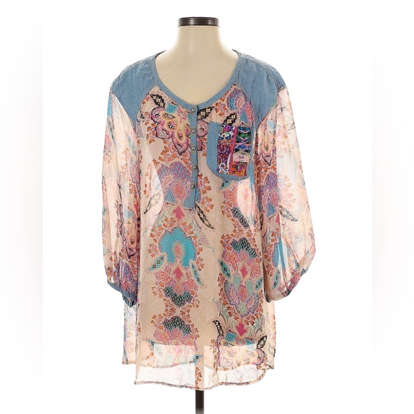 Aratta | Tops | Aratta Silent Journey Paisley And Chambray Tunic Blouse ...